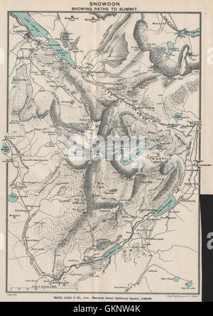 SNOWDON SHOWING PATHS TO SUMMIT. Llanberis. WARD LOCK 1948 old vintage ...
