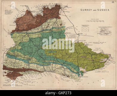 SURREY AND SUSSEX Geological map. STANFORD 1904 old antique plan chart ...