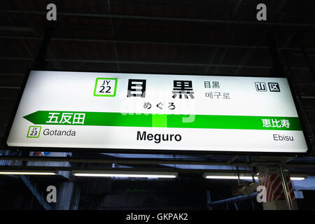 A Meguro station signboard on display inside the station on August 22 ...