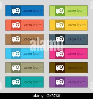 projector icon sign. Set of twelve rectangular, colorful, beautiful ...