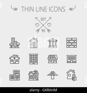 Construction site line icon set. Cart, crane, saw Stock Vector Image ...