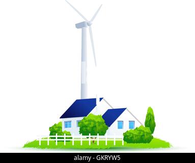 Green illustration of an eco house or eco home surrounded by grass and ...