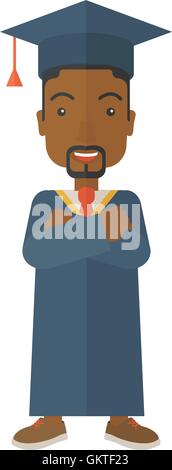 African american male student with diploma graduation flat line black ...