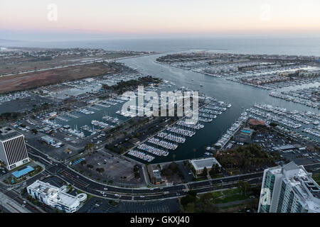 Sunset aerial Marina Del Rey Jetty and cityscape view of sky from a ...