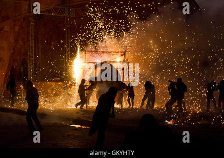 Cardboard bulls (toritos) with pyrotechnics during the National ...