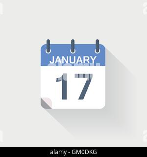January 17 calendar sign on blue neon brick wall background. Flat ...