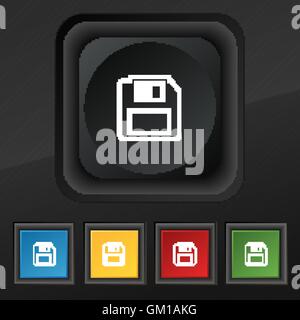 floppy icon symbol. Set of five colorful, stylish buttons on black ...