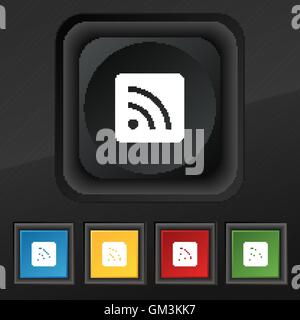 RSS feed icon symbol. Set of five colorful, stylish buttons on black ...