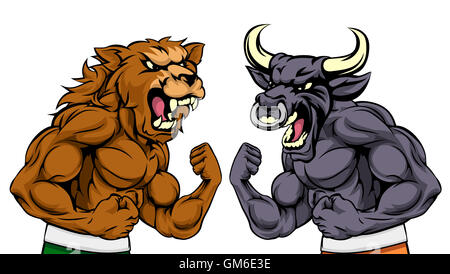 A bear fighting a bull standing for the bears versus bulls stock market ...