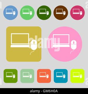 Computer widescreen monitor, mouse sign icon. Set colourful buttons ...