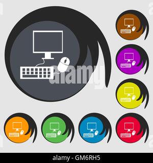 Computer widescreen monitor, keyboard, mouse sign icon. Symbols on ...