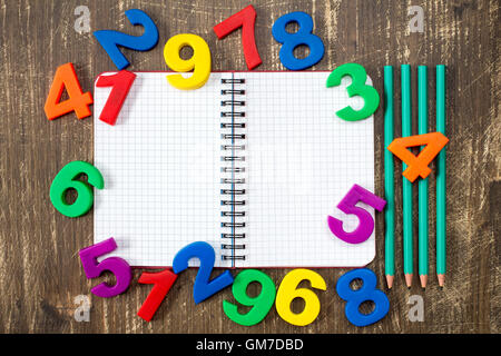 Notebook with four pencils and colored numbers Stock Photo - Alamy