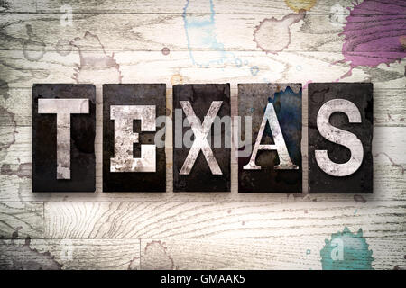 The word "Texas" written in vintage metal letterpress type isolated on ...