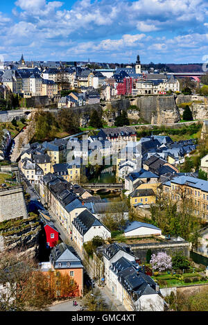 Luxembourg, cloudy day aerial cityscape, Alzette River and Grund ...