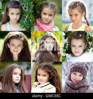 Collage of young beautiful brunette girl over white isolated background ...