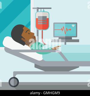 Sick male patient with drip lying in hospital bed. Injured man ...