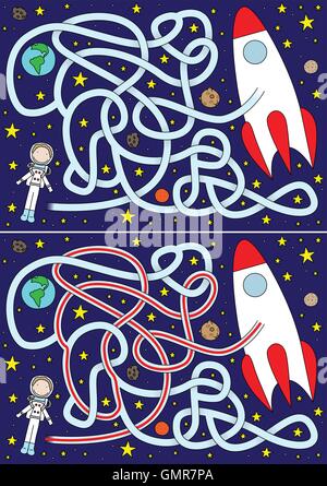 Labyrinth maze cartoon astronaut and space rocket. Kids vector ...