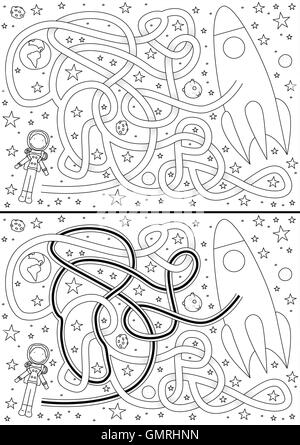 Labyrinth maze cartoon astronaut and space rocket. Kids vector ...