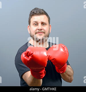 Portrait of chubby boxer posing with boxing gloves as a champion Stock ...
