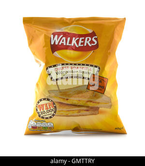 A packet of worcester sauce flavour walkers crisps on a white ...