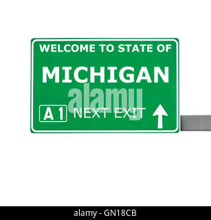 Michigan on highway road sign over blue background, 3d rendering Stock ...