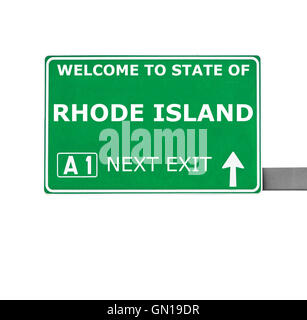Rhode Island on highway road sign over blue background, 3d rendering ...