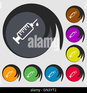 syringe icon. Symbols on eight colored buttons. Vector illustration ...