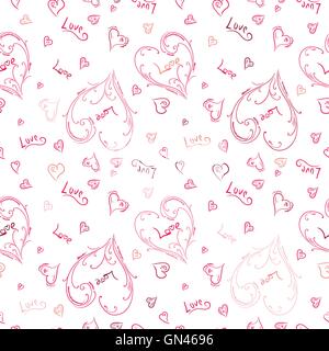 Seamless heart pattern hand painted with ink brush. Vintage style ...