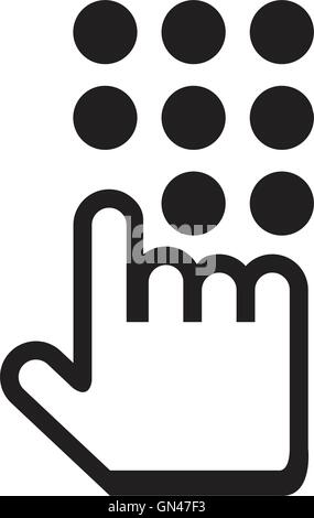 Click or push the button pictogram. Black pointing hand with red button ...