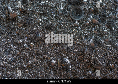Close shot of metal turnings / industrial swarf from CNC machining ...