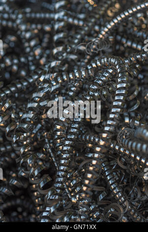 Close shot of metal turnings / industrial swarf from CNC machining ...