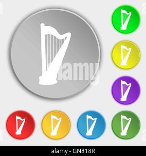 harp icon sign. Set of eight multi colored round buttons, stickers ...
