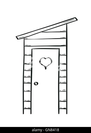line drawing of a traditional outdoor toilet with crescent moon window ...