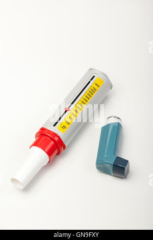 Blue reliever inhaler salbutamol inhaler asthma on a white background ...