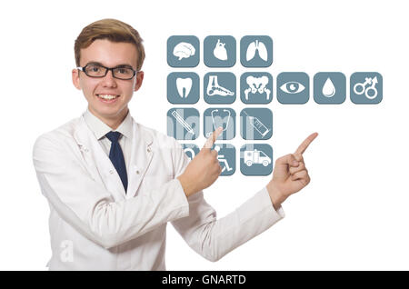 Man doctor pressing buttons with various medical icons Stock Photo - Alamy
