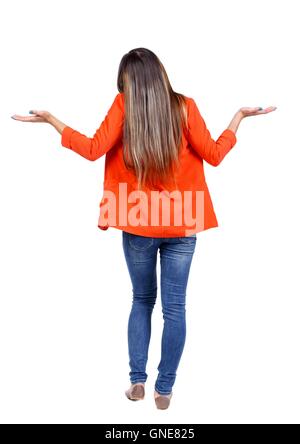 Rear view of angry business woman in audience at presentation disrupted ...