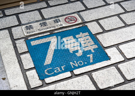 Shinkansen car number markers on platform floor at Kyoto railway ...