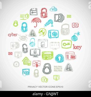 Multicolor doodles Hand Drawn Security Icons set on White. EPS10 vector ...