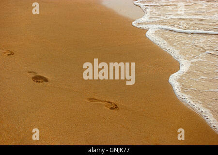 Sandy beach, wave and footsteps backlit in sunset time Stock Photo - Alamy