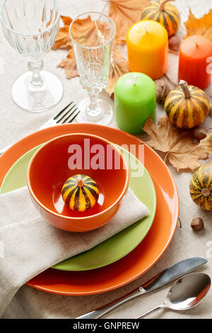 Autumn Table Setting with Pumpkin Pie, Hot Drink, and Seasonal Decor ...