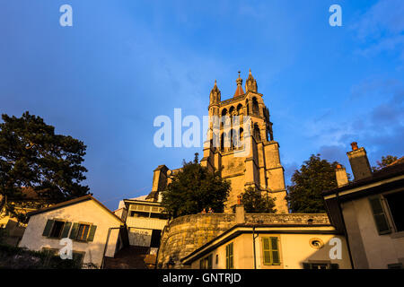 Sunset over Lausanne cathedral in Canton Vaud main city in Switzerland ...