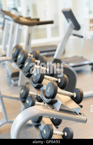 Dumbbells on a rack and on the floor at the gym Stock Photo - Alamy