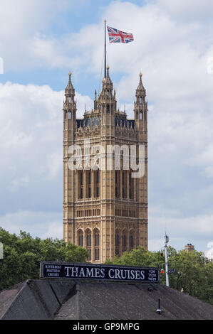 Victoria Tower, part of the Palace of Westminster, viewed from Westminster Palace Gardens ...