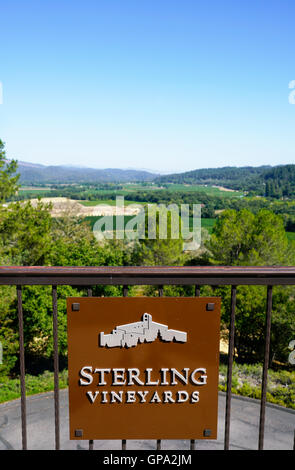 The sign of Sterling Vineyards winery with the Napa Valley view and ...