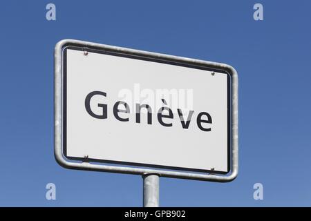 Road sign at the entrance to the city of Geneva, Switzerland ...