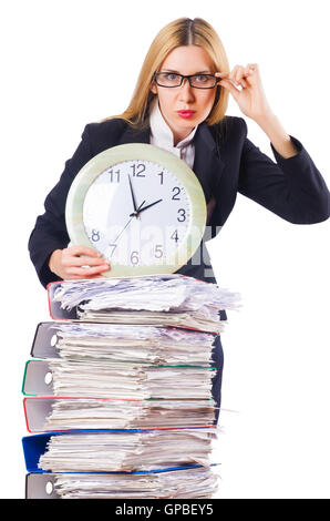 Busy woman with clock on white Stock Photo - Alamy