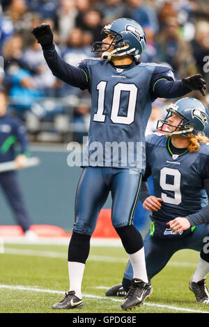 Seattle Seahawks place kicker Jason Myers kicks a ball Tuesday, Aug. 18 ...