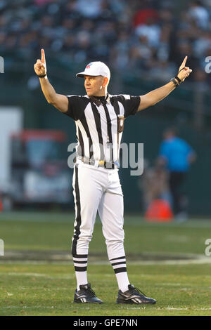 NFL referee Clete Blakeman (34) looks at a Microsoft surface replay ...