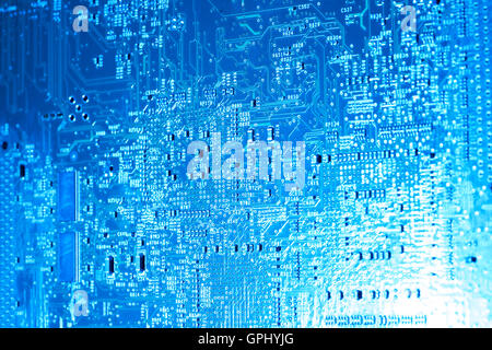 full frame blue illuminated printed circuit board closeup Stock Photo ...