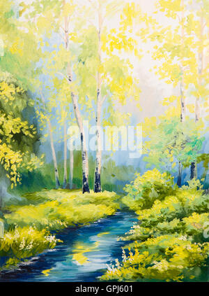 Oil Painting - autumn forest with a pond and bridge over the pond ...